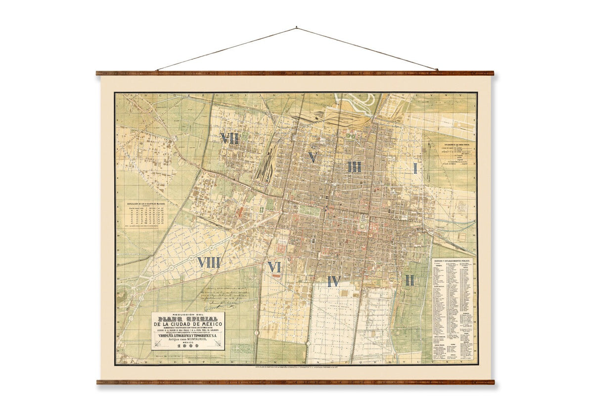 Mexico City Map 1900 - Hand Restored Canvas Scroll by Maps Vintage